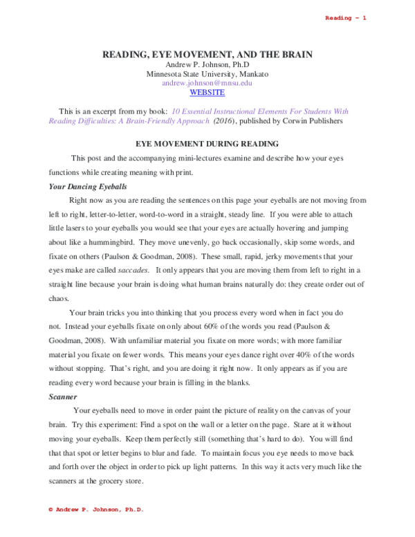 (PDF) READING, EYE MOVEMENT, AND THE BRAIN