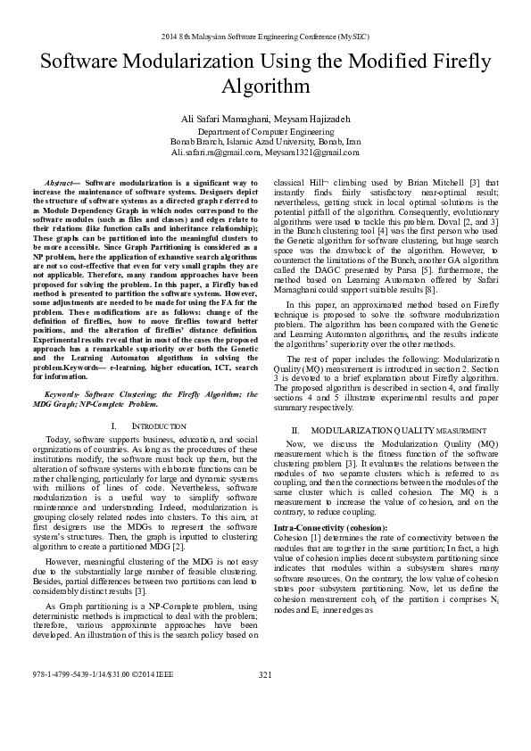 Pdf Software Modularization Using The Modified Firefly Algorithm
