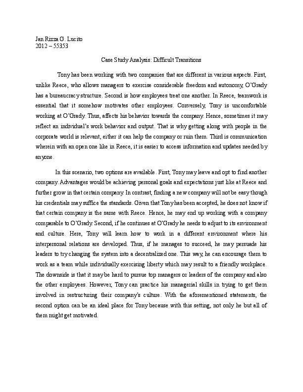 (DOC) Case study analyses - difficult transitions and manager's dilemma