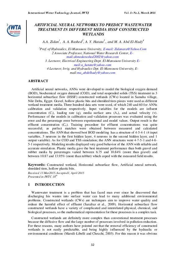 (PDF) ARTIFICIAL NEURAL NETWORKS TO PREDICT WASTEWATER TREATMENT IN DIFFERENT MEDIA HSSF ...