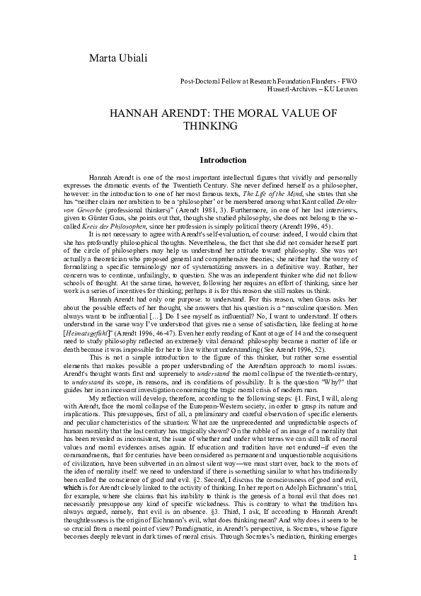 (PDF) Hannah Arendt: The Moral Value of Thinking