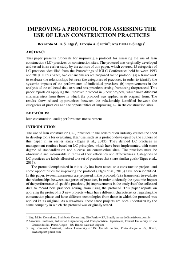 Pdf Improving A Protocol For Assessing The Use Of Lean Construction