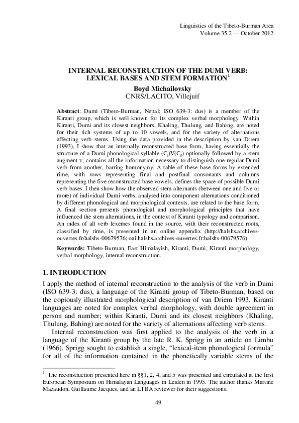 Internal reconstruction of the Dumi verb: lexical bases and stem formation