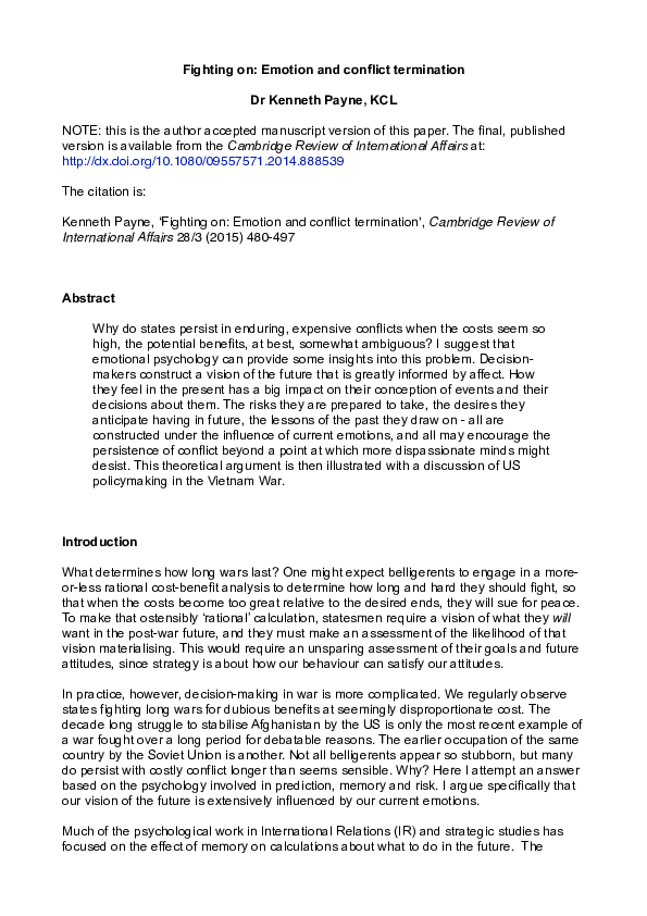 (PDF) Kenneth Payne, 'Fighting on: emotion and conflict termination'