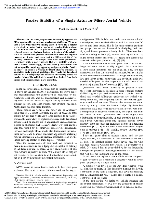 (PDF) Passive Stability of a Single Actuator Micro Aerial Vehicle