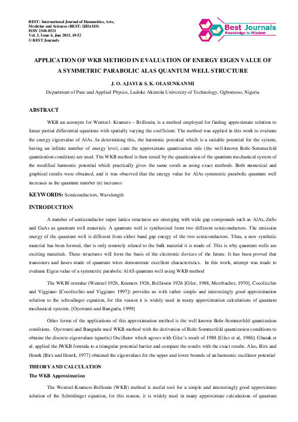 (PDF) APPLICATION OF WKB METHOD IN EVALUATION OF ENERGY EIGEN VALUE OF ...