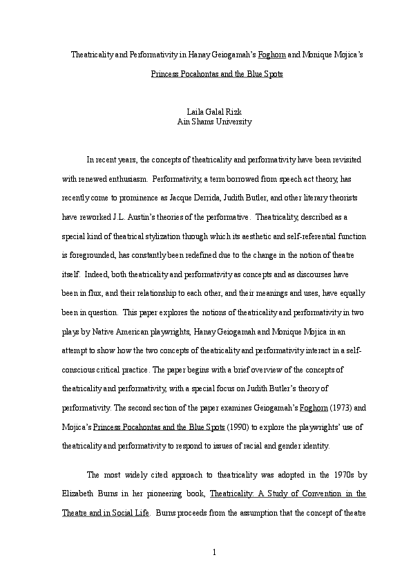 (DOC) Theatricality and Performativity in Hanay Geiogamah's Foghorn and Monique Mojica's ...