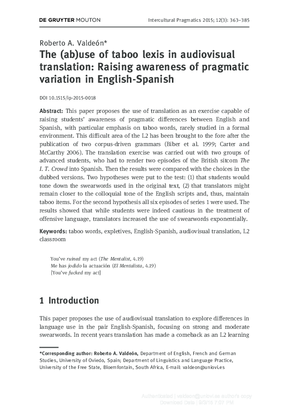 Pdf The Ab Use Of Taboo Lexis In Audiovisual Translation Raising