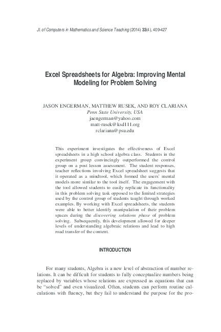 (PDF) Excel Spreadsheets for Algebra: Improving Mental Modeling for Problem Solving