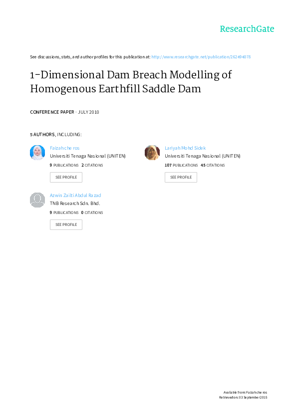 (PDF) 1-Dimensional Dam Breach Modelling of Homogenous Earthfill Saddle Dam