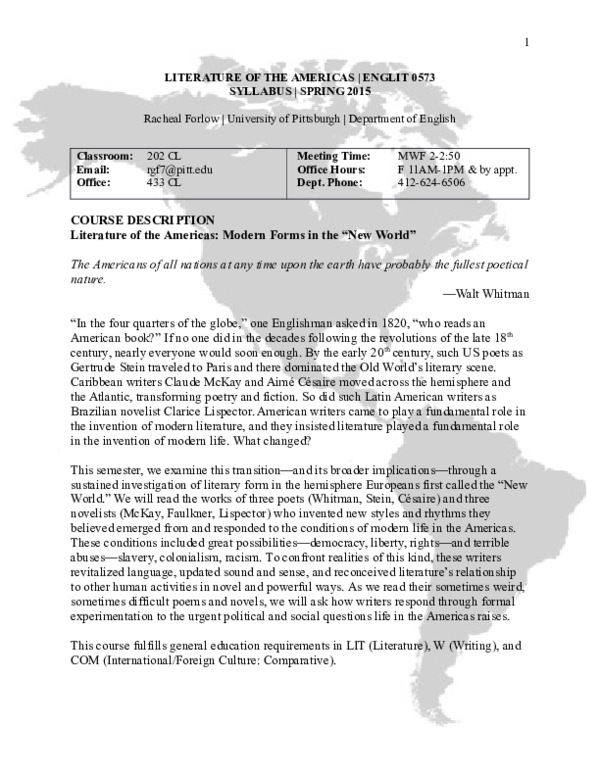 (DOC) Literature of the Americas, Spring 2015 Syllabus