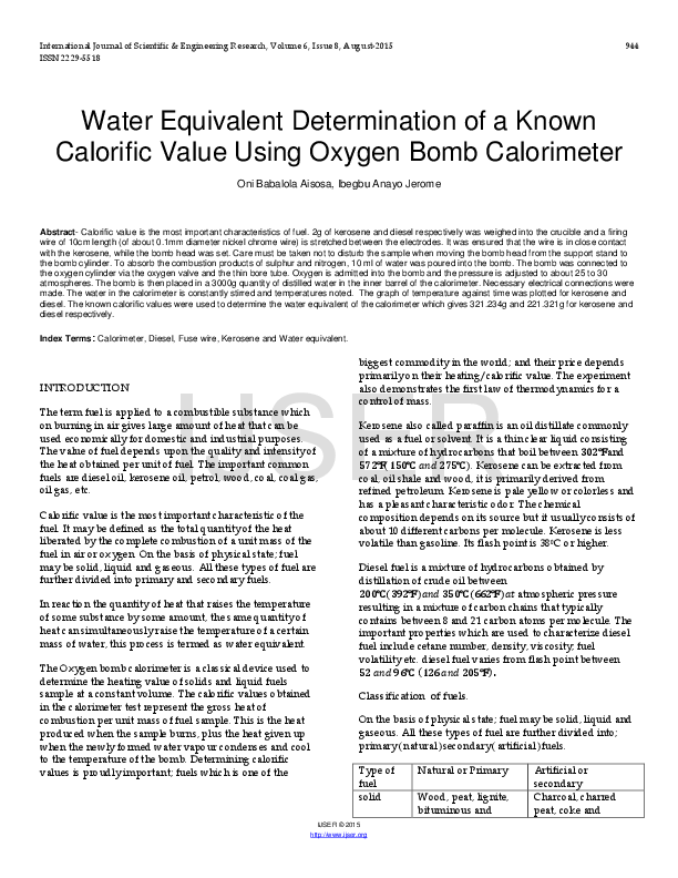 (PDF) water equivalent determination of a known calorific value using oxygen bomb calorimeter