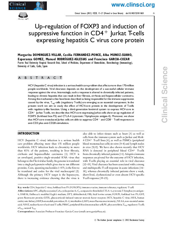 (PDF) Up-regulation of FOXP3 and induction of suppressive function in CD4+ Jurkat T-cells ...