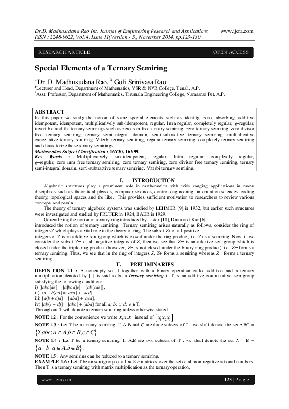 (PDF) Special Elements of a Ternary Semiring