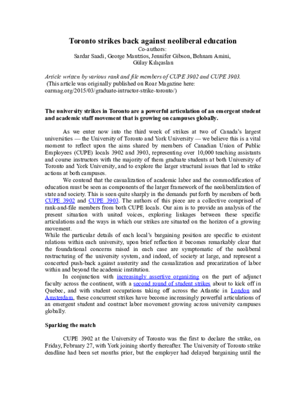 (DOC) Co-authored Article: Toronto Strikes Back Against Neoliberal ...