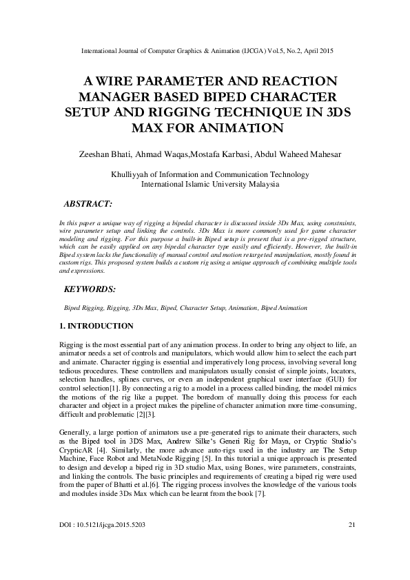 A Wire Parameter And Reaction Manager Based Biped Character Setup And Rigging Technique In 3ds