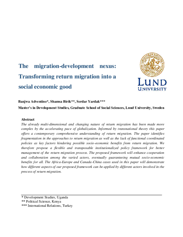 (PDF) The migration-development nexus: Transforming return migration into a social economic good