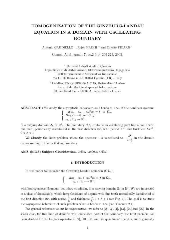 (PDF) HOMOGENIZATION OF THE GINZBURG-LANDAU EQUATION IN A DOMAIN WITH OSCILLATING BOUNDARY