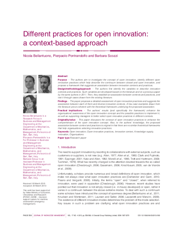 Different Practices For Open Innovation A Context Based Approach