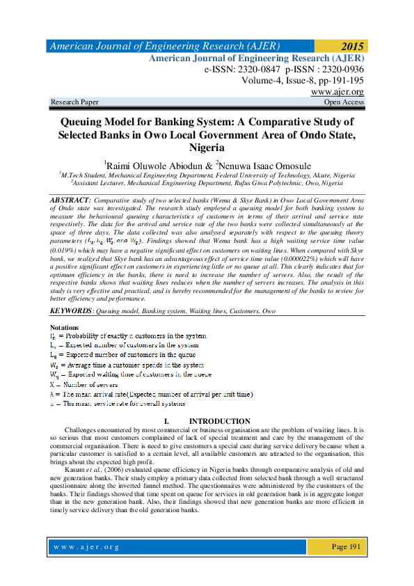 (PDF) Queuing Model for Banking System: A Comparative Study of Selected Banks in Owo Local ...