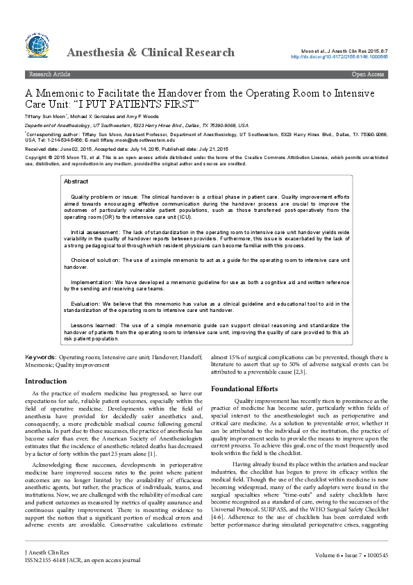 (PDF) A Mnemonic to Facilitate the Handover from the Operating Room to ...