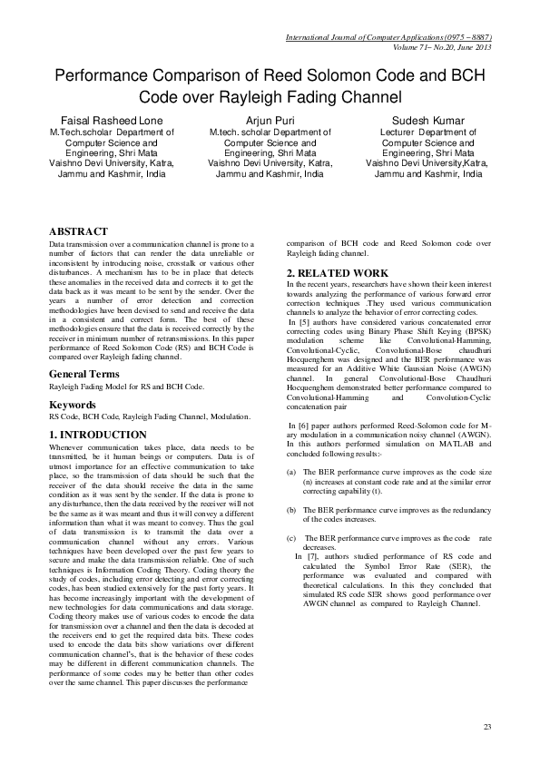 (PDF) Performance Comparison of Reed Solomon Code and BCH Code over Rayleigh Fading Channel