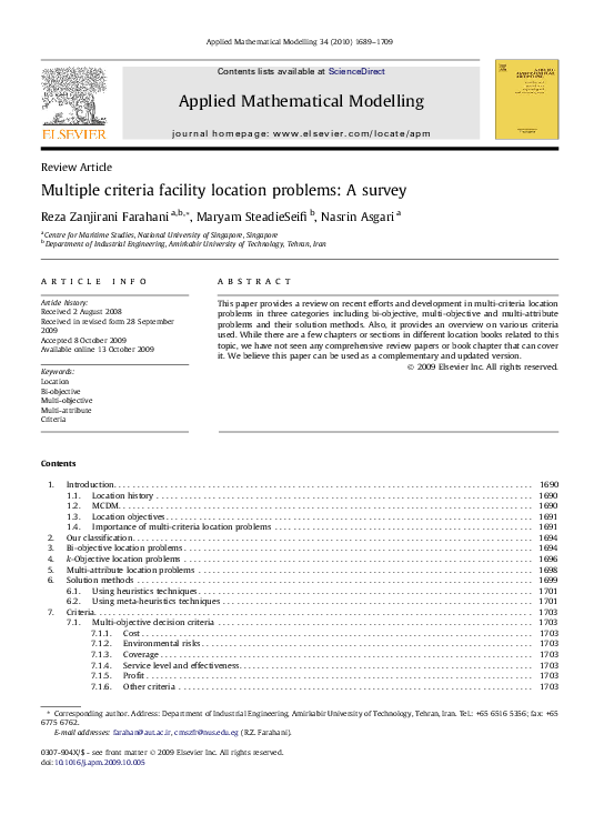 (PDF) Multiple criteria facility location problems: A survey
