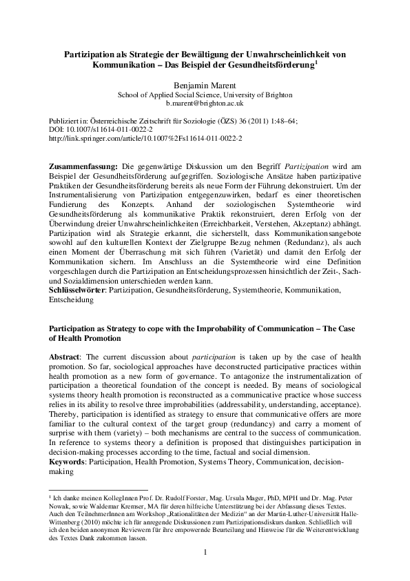 (PDF) Partizipation als Strategie der Bewältigung der ...