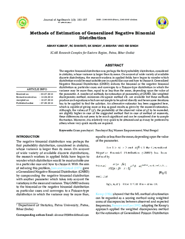 Pdf Methods Of Estimation Of Generalized Negative Binomial Distribution