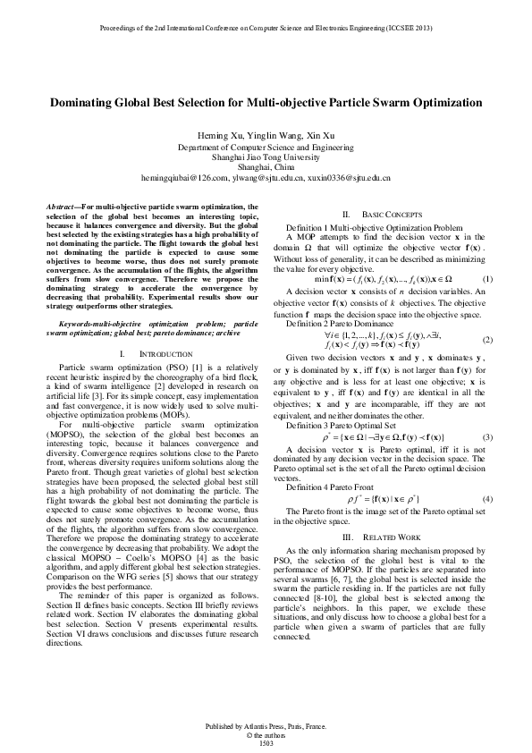 (PDF) Dominating Global Best Selection for Multi-objective Particle Swarm Optimization