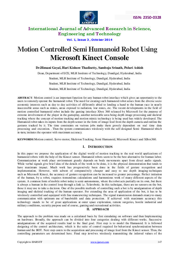 Pdf Motion Controlled Semi Humanoid Robot Using Microsoft Kinect Console