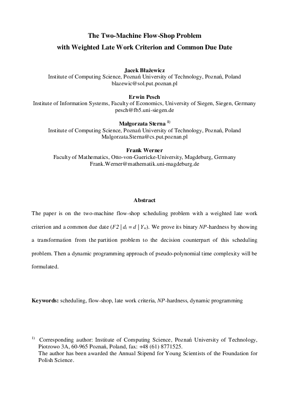 (PDF) The two-machine flow-shop problem with weighted late work criterion and common due date