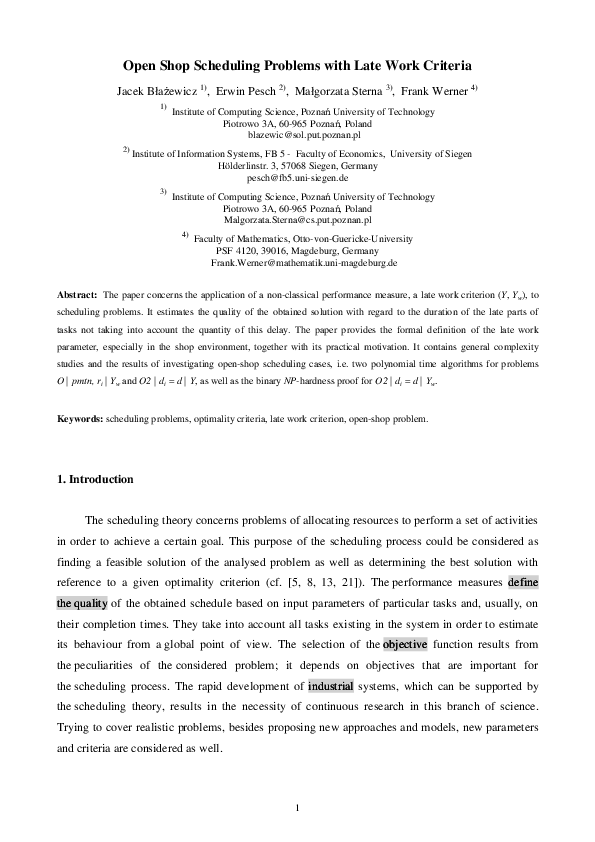 Pdf Open Shop Scheduling Problems With Late Work Criteria Frank Werner