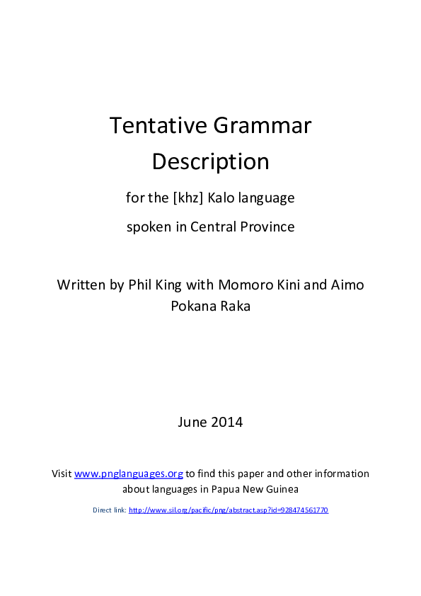 (PDF) Tentative Grammar Description for the [khz] Kalo Language
