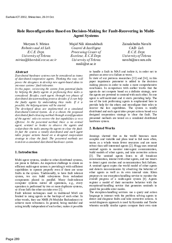 (PDF) Role Reconfiguration Based on Decision-Making for Fault-Recovering in Multi Agent Systems