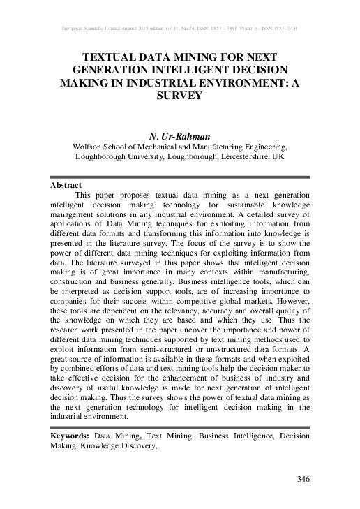 (PDF) TEXTUAL DATA MINING FOR NEXT GENERATION INTELLIGENT DECISION MAKING IN INDUSTRIAL ...