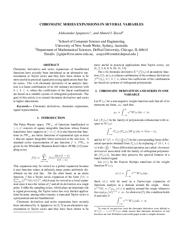 (PDF) CHROMATIC SERIES EXPANSIONS IN SEVERAL VARIABLES