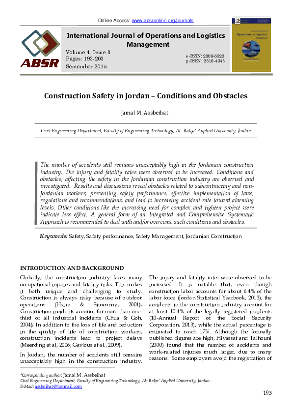 (PDF) Construction Safety in Jordan – Conditions and Obstacles