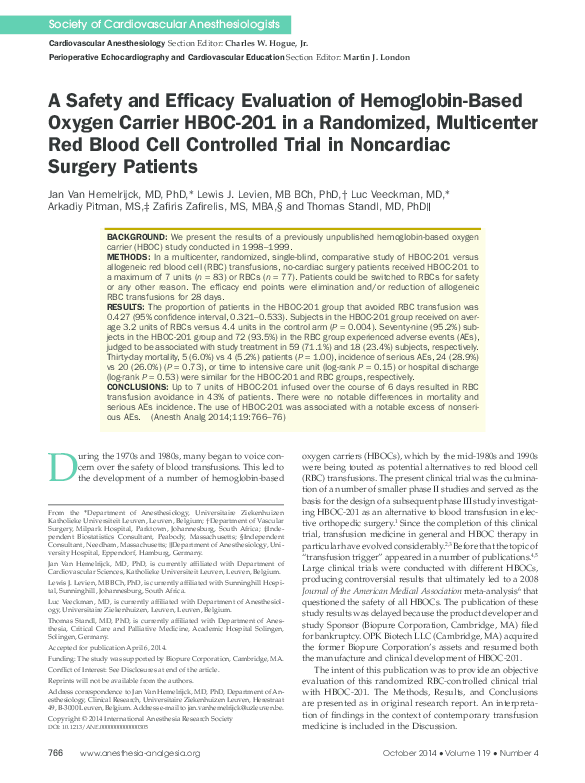 (PDF) A Safety and Efficacy Evaluation of Hemoglobin-Based Oxygen ...