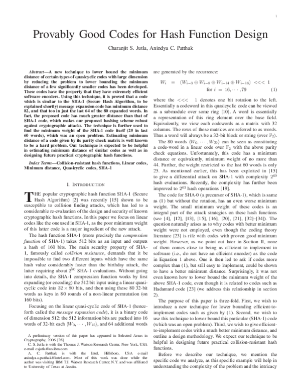 (PDF) Provably Good Codes for Hash Function Design