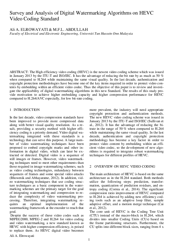 Pdf Survey And Analysis Of Digital Watermarking Algorithms On Hevc Video Coding Standard