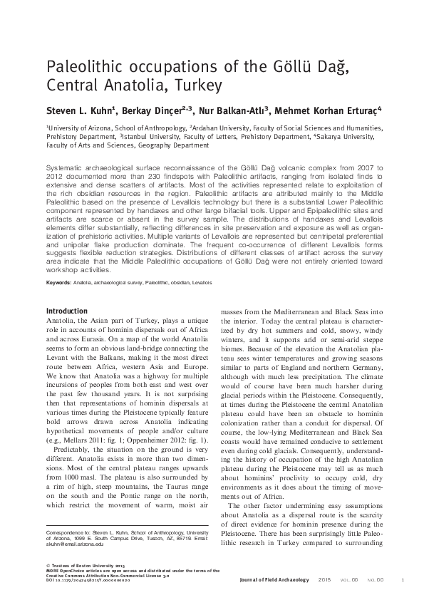 (PDF) Paleolithic Occupations of the Gollu Dag, Central Anatolia,Turkey