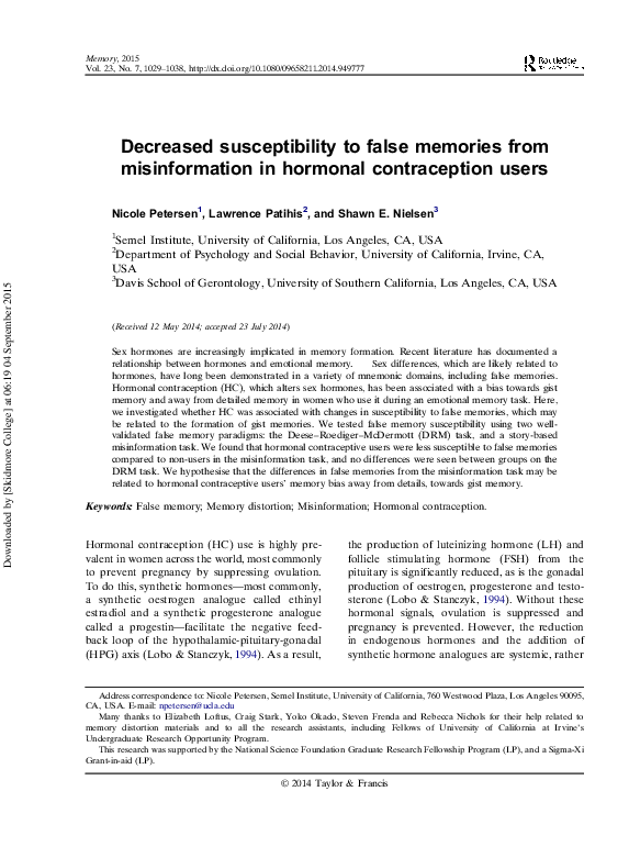 (PDF) Petersen, N., Patihis, L., & Nielsen, S. E. (2015). Decreased susceptibility to false ...