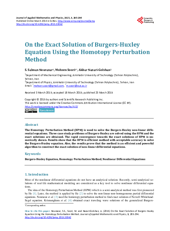 Pdf On The Exact Solution Of Burgers Huxley Equation Using The