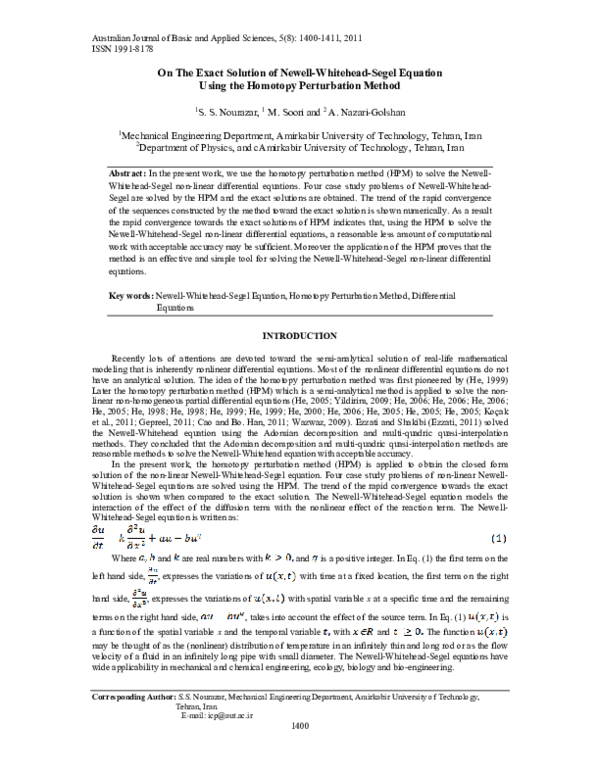 Pdf On The Exact Solution Of Newell Whitehead Segel Equation Using The Homotopy Perturbation