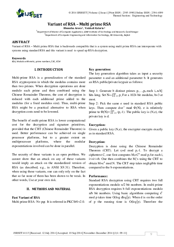 (PDF) Variant of RSA – Multi prime RSA
