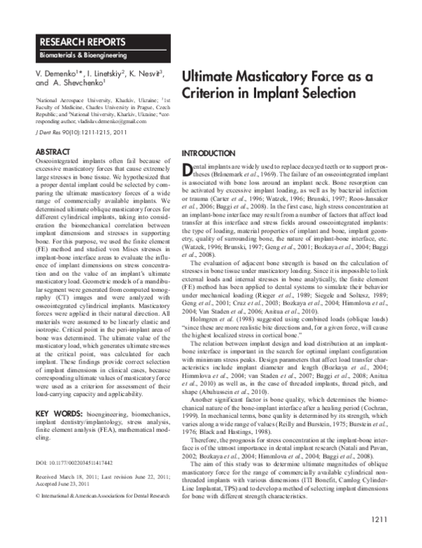 (PDF) Ultimate Masticatory Force as a Criterion in Implant Selection