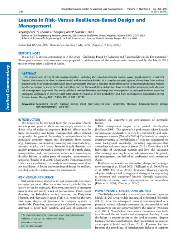 (PDF) Lessons in risk‐versus resilience‐based design and management