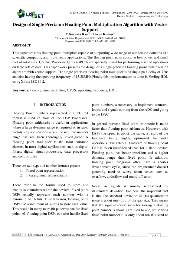 Pdf Design Of Single Precision Floating Point Multiplication Algorithm With Vector Support