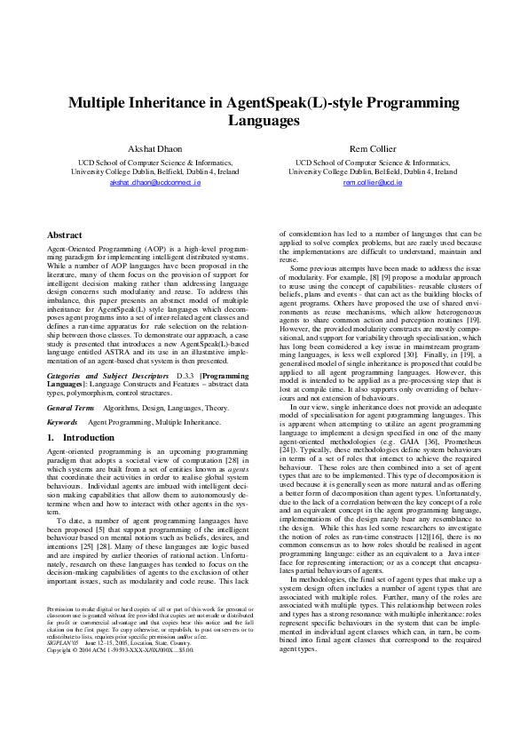 (PDF) Multiple Inheritance in AgentSpeak(L)-style Programming Languages